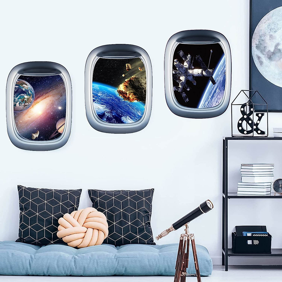Quanhaigou Galaxy Wall Decals, Set of 3 Space Capsule Planet Fake Window Sticker 3D Outer Space Mural Wall Decal for Bedroom Living Room Kids Room Home Decor