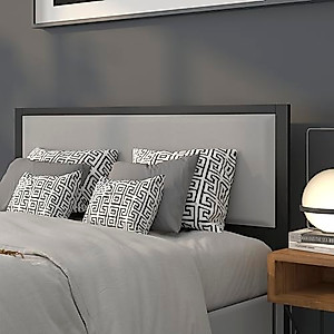 EMMA + OLIVER Queen Size Light Gray Fabric Upholstered Panel Headboard with Metal Surround and Legs - Attaches to Standard Bed Frames