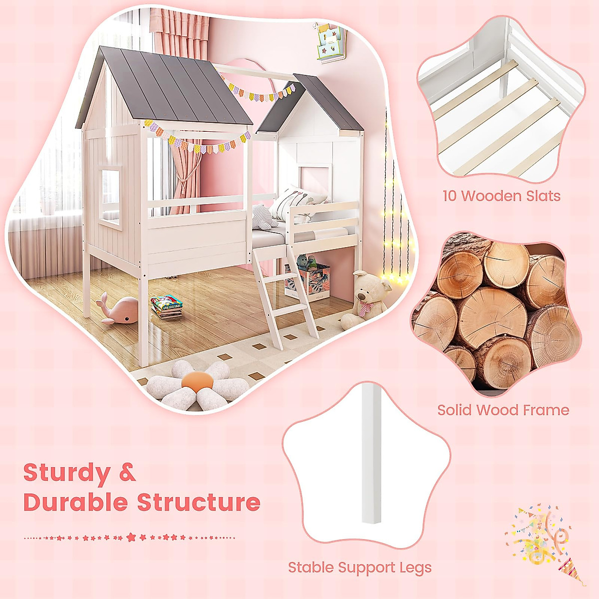 Giantex Twin House Bed Frame, Kids Low Loft Bed Frame with Roof, Side Windows & Ladder, Wooden Slatted Support Playhouse Bed for Girls, Boys, Teens, No Box Spring Needed, White