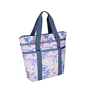 LeSportsac Radiant Reflections Everyday Zip Tote Handbag/Travel Bag, Style 3867/Color E541, Abstract Retro Swirls & Hearts, Soft Pastels: Blue, Pink, Amethyst & Cream, Subtle Iridescent Sheen