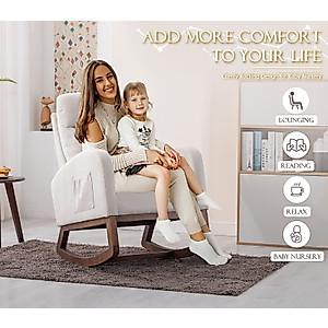 KINFFICT Comfy Rocking Chair, Upholstered Accent Glider Rocker for Baby Nursery or Relaxation, Living Room Armchair with High Back and Headrest, Modern Rocking Glider with Side Pocket, Beige