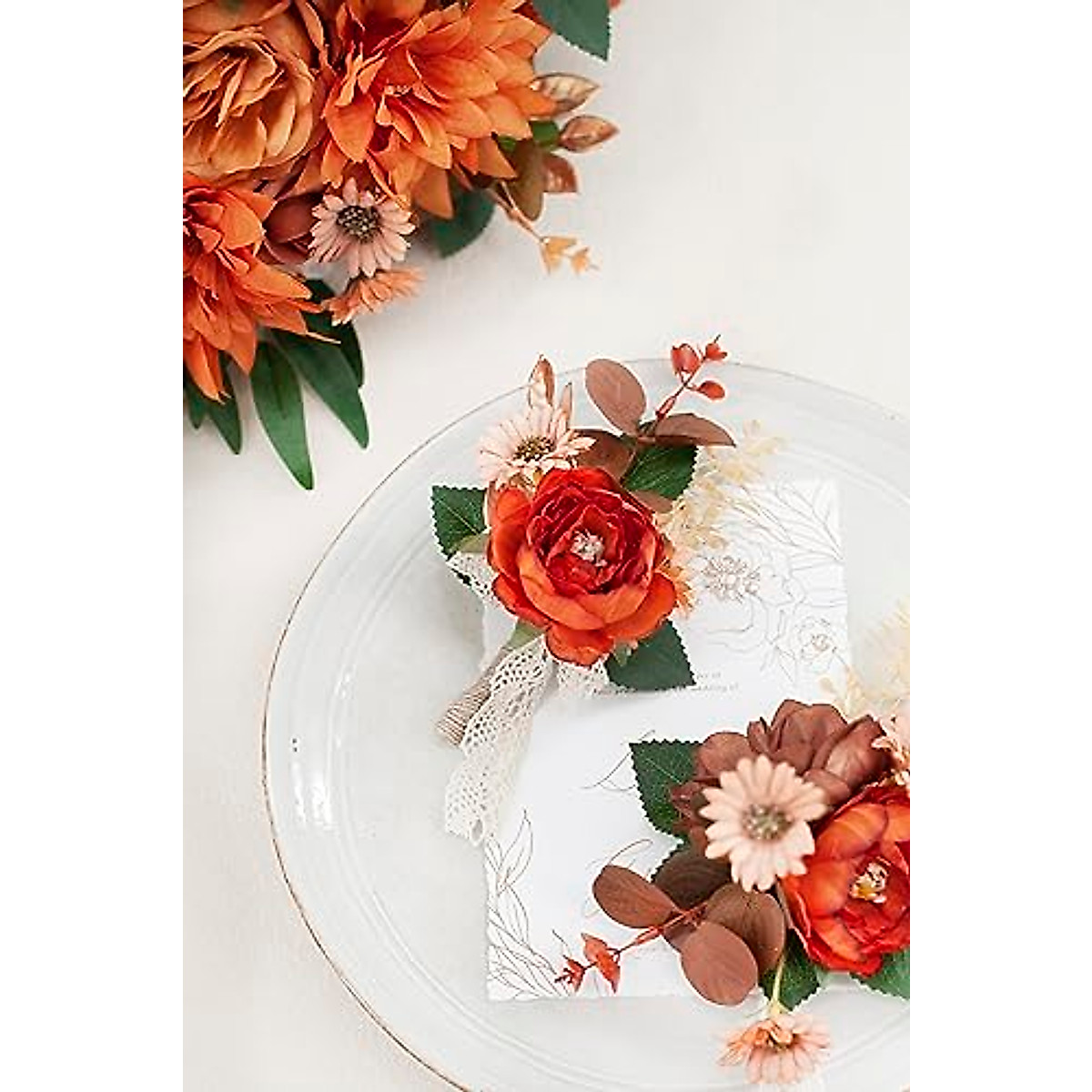 Ansofi Burnt Orange Wrist Corsage and Boutonniere Set for Wedding, Artificial Rose Flower Corsage Wristlet and Boutonniere Set for Wedding Prom Anniversary Homecoming Formal Dinner Party