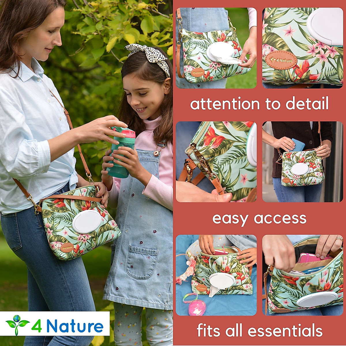 4 Nature Diaper Clutch Bag, Lightweight, Water Resistant and Bag Dispenser with Wipes Holder and Adjustable Straps for Cross Body (Tropical Paradise)