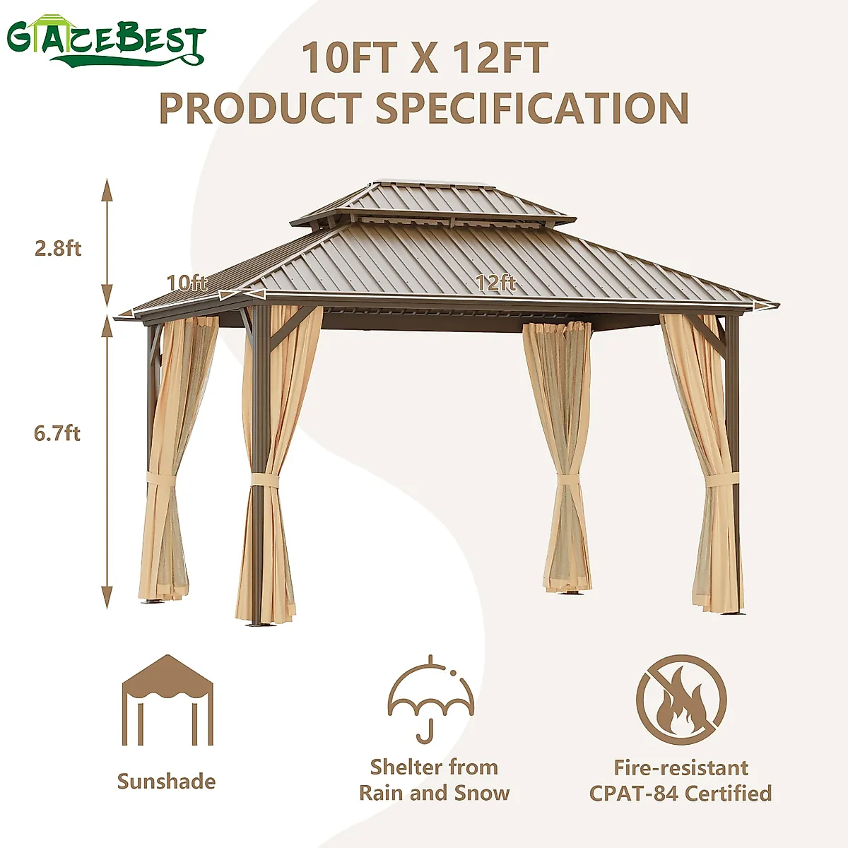 GAZEBEST 10x12 ft Hardtop Gazebo Outdoor Aluminum Patio Gazebo Double Roof Galvanized Steel Canopy with Netting and Curtains for Garden, Backyard, Deck and Lawns.