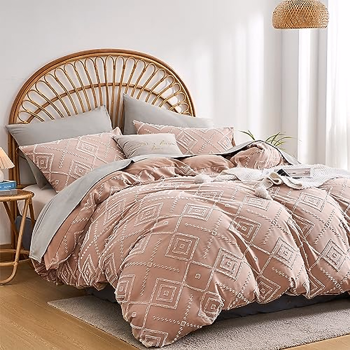 Senville Tufted Duvet Cover Queen Size,Jacquard Geometric Pattern,Soft Lightweight Pink Duvet Covers Set for All Seasons,3 Pieces Boho Shabby Chic Bedding Set with Zipper Closure(Pink,Queen)