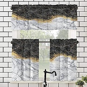 Marbre 3 Pieces Kitchen Valance Window Curtain Set Rod Pocket Marble Gold White Black Geometric Rose Stone Abstract Modern Vintage White Golden Tier Curtains for Living Room Bathroom
