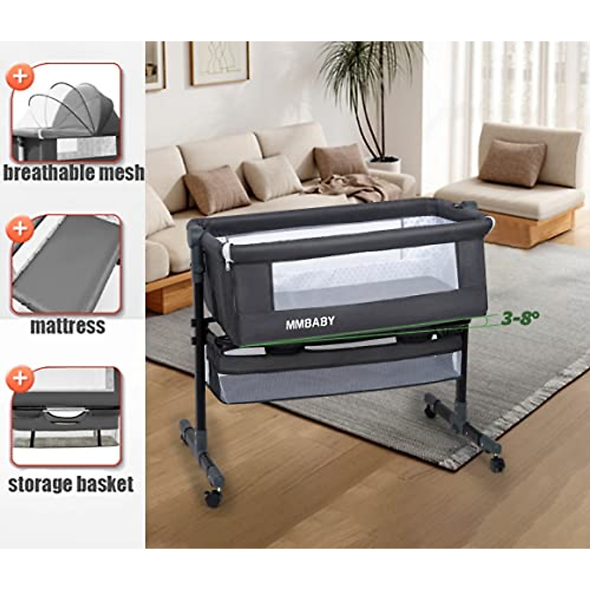 MMBABY Baby Bassinet Bedside Sleeper Bedside Crib Easy Folding Portable Crib 3 in 1 Travel Baby Bed with Adjustable Height,Breathable Net,Large Storage Bag and Mattress