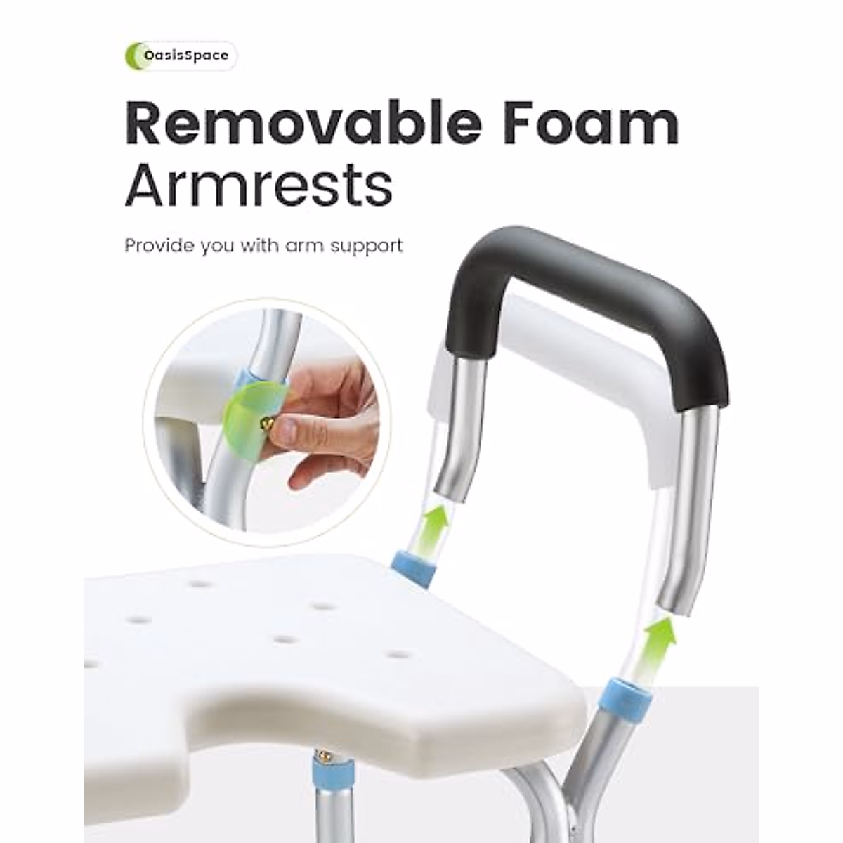 OasisSpace Adjustable Shower Chair with Arms for Inside Shower, Heavy Duty Shower Bench with Cutout Seat 300lbs, Medical Tool Free Bathtub Stool for Seniors, Elderly, Handicap, Disabled