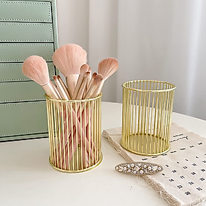 Stephanie Imports Set of 3 Metal Wire Pencil Cup or Makeup Brush Holder Organizer (Gold Bar Pattern)