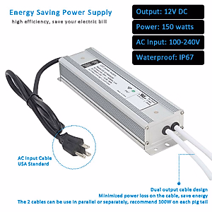 12V LED Driver 150 Watts 110V to 12 Volt Power Supply Waterproof IP67 Transformer 150W 12V DC LED Power Supply AC to DC Converter with 3 Prong Plug, 120V AC to 12V DC Power Adapter Low Voltage