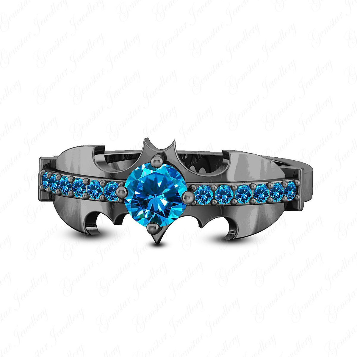 Gemstar Jewellery 0.50 Carat Blue Topaz 14K Black Gold Plated Batman Inspired Engagement Wedding Ring