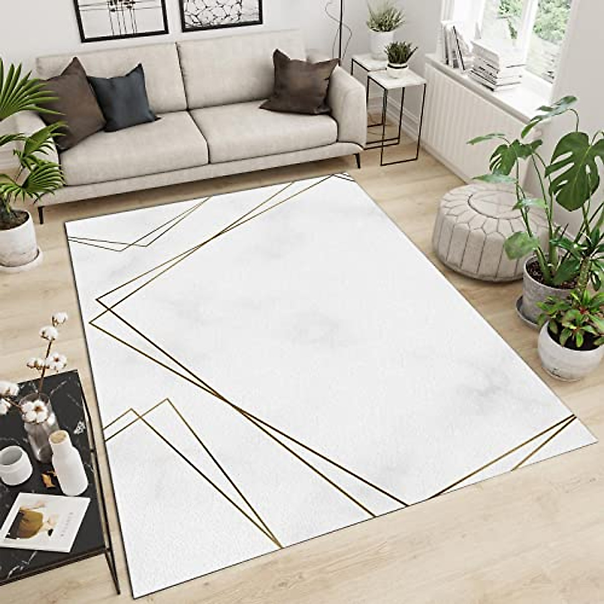 White Gold Rectangular Living Room Rug, Modern Minimalist Area Rug,Rug for Bedroom Low Pile Non-Slip Washable Soft Durable for Bedside Office Kids Room Studio Study Indoor