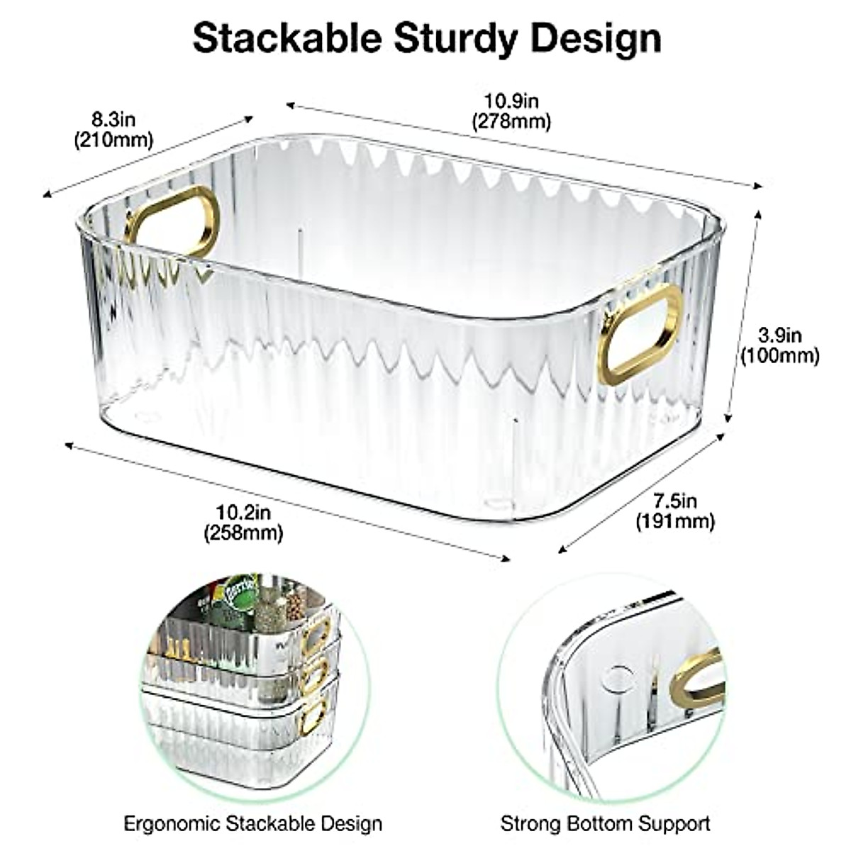 3 Pack Plastic Stackable Clear Storage Bins,Storage Container Basket with Handle for Office,Clear Organizer Bins for Kitchen Cabinet,Refrigerator,Food Pantry,Countertops, Bedrooms, Bathrooms