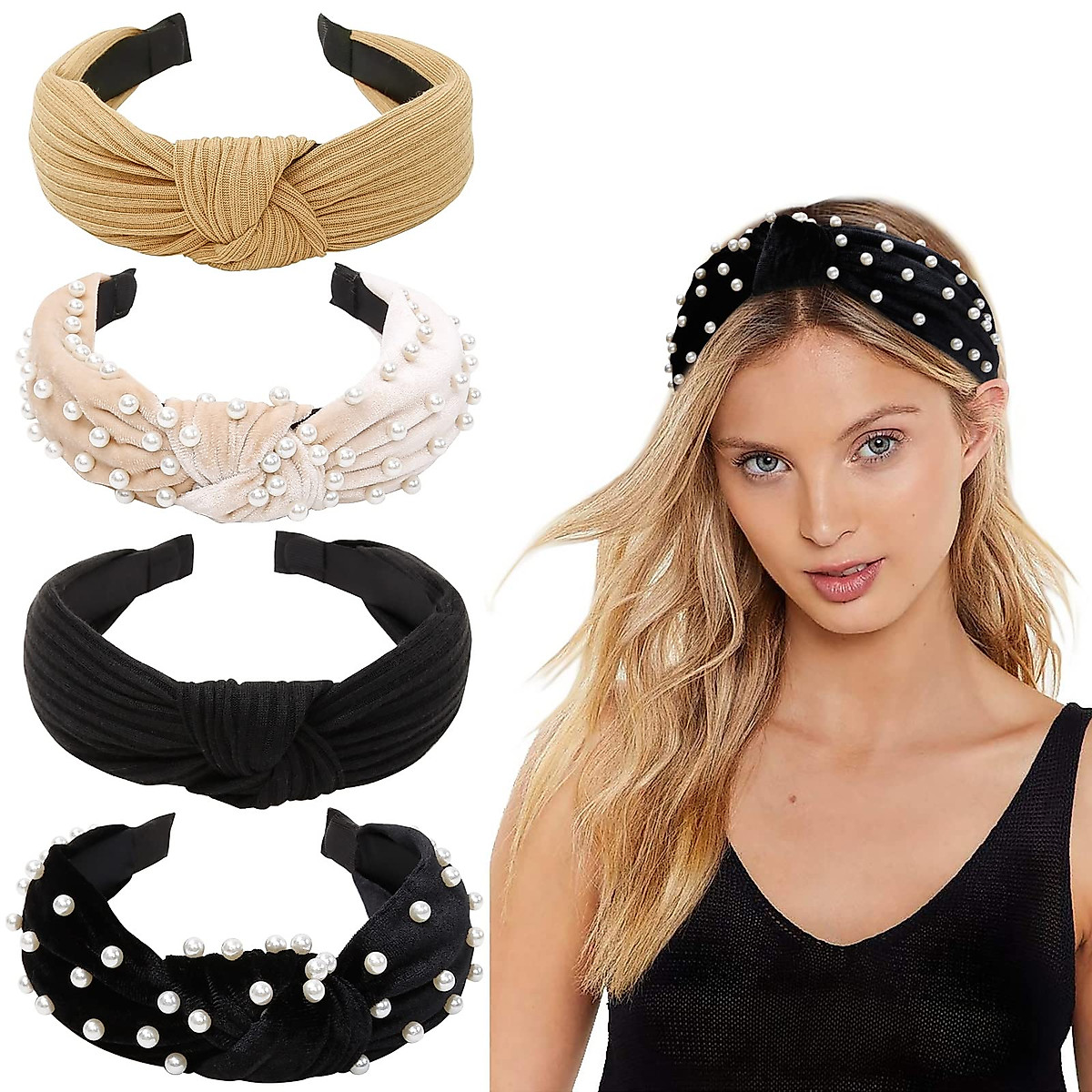 WOVOWOVO Headbands for Women Girls Knotted Wide Pearl head band Top Knot Head Bands for Women’s Hair Thick Headband Velvet HairBands 4Pcs