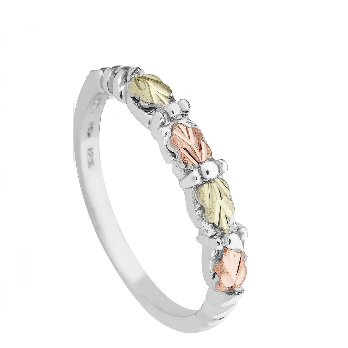 Wedding Band Ring, Sterling Silver, 12k Green and Rose Gold Black Hills Gold Motif, Size 7.5