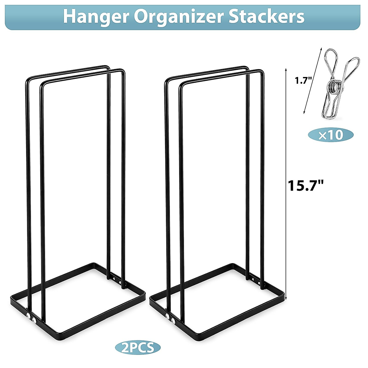 HAKDAY 2PCS Hanger Organizer Stacker with 10pcs Stainless Steel Clamps, Hanger Stacker Hold up 110 Wire Hangers for Hanger Storage Organizer, Hanger Rack Stand for Adult Child Velvet Pants Hangers