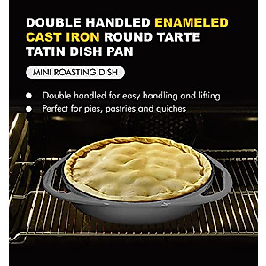 Bruntmor Double Handled non-Stick Enameled Black Cast Iron Round Tarte Tatin Dish Pan Mini Roasting Dish, Baking Pie Pan, Pastries & Quiches, Hand washing, Easy to clean