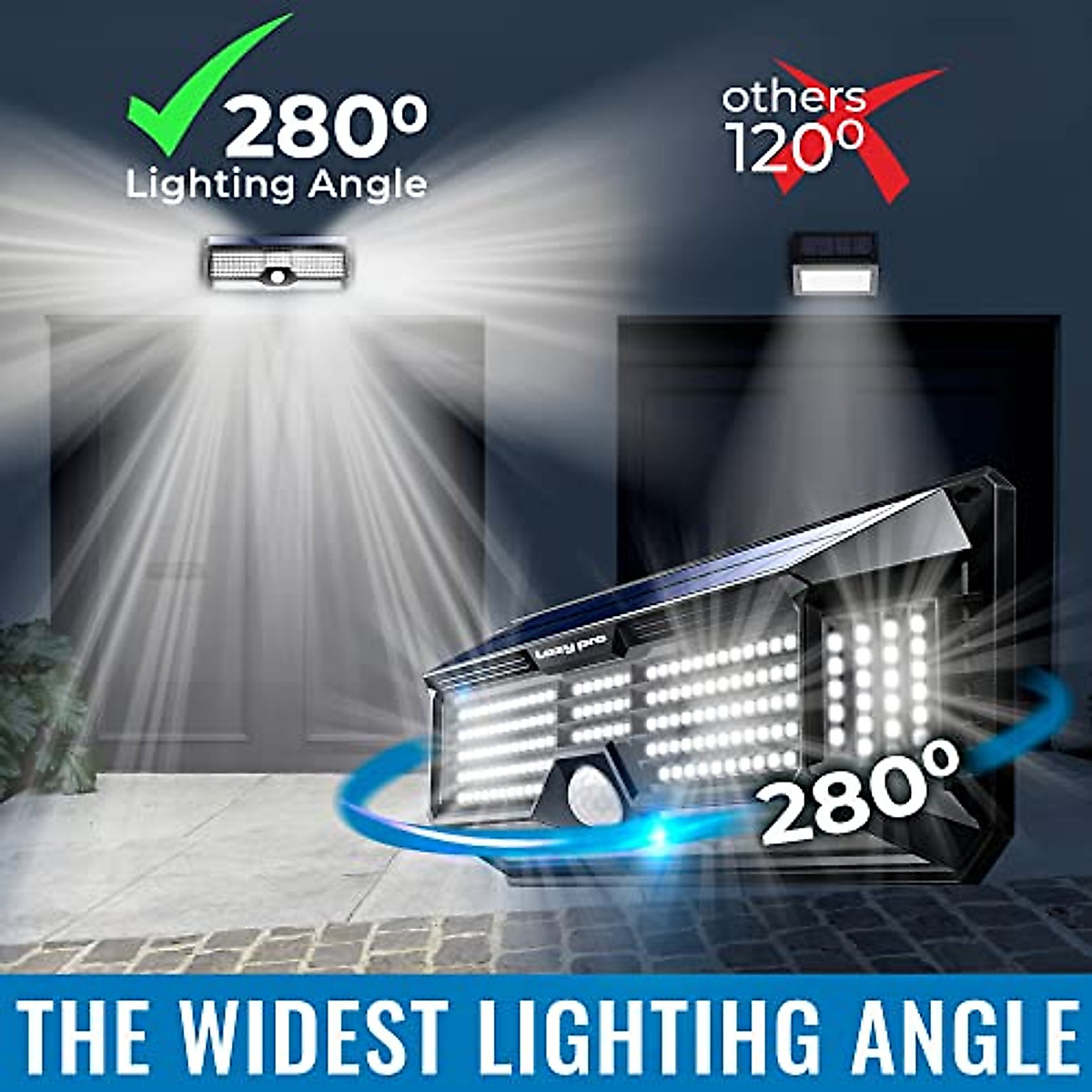 LazyPro Solar Lights Outdoor Super-Bright 298 LEDs 2500lm - LED Solar Motion Sensor Lights Outdoor - for Wall, Post, Pathway Garden up to 1600 sq ft - Solar Battery Powered 4400 mAh