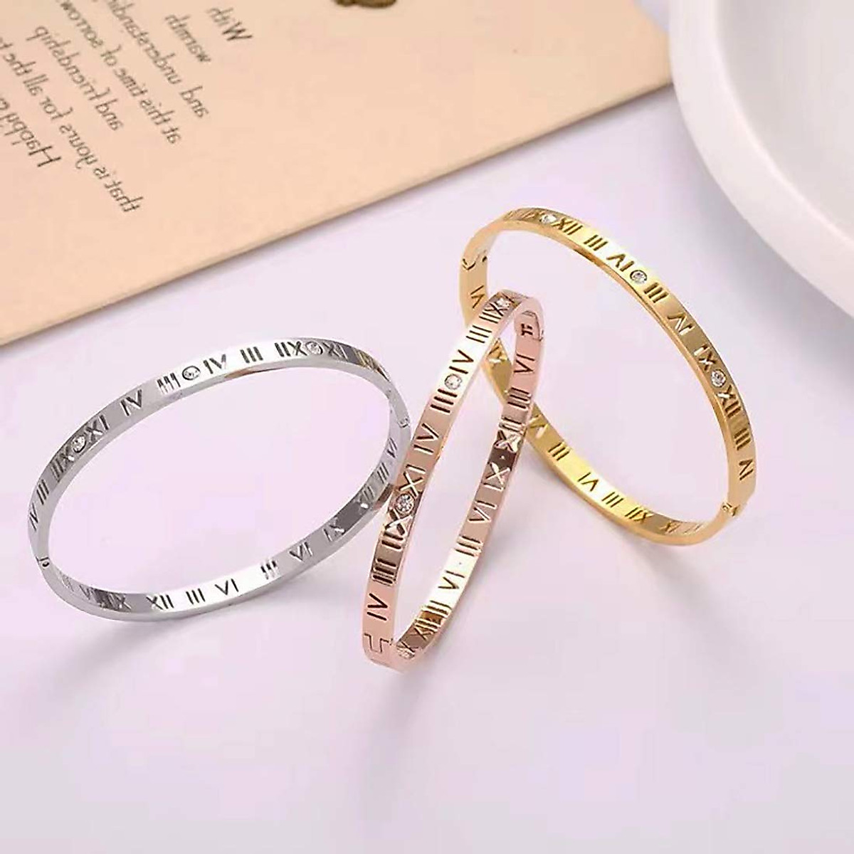 Winnie women's stainless steel rhinestone Roman numerals bracelet, rose gold, gold, silver, width 4.55mm. diameter 60mm (3 color set)