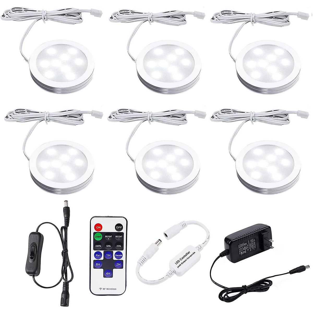 AIBOO LED Under Cabinet Lighting Dimmable with RF Remote Control, 6 LED Puck Lights, Total of 12W, for Kitchen Count Closet Wardrobe Lighting(Daylight White)