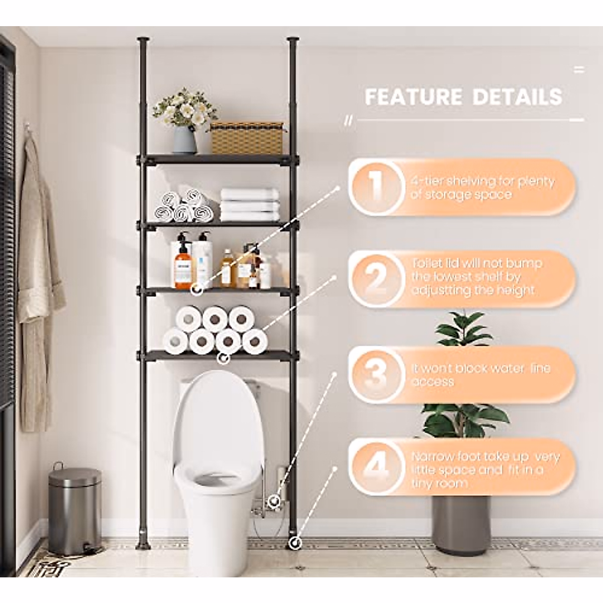 ALLZONE Over The Toilet Storage Cabinet, 4 Tier Over Toilet Bathroom Organizer, Adjustable Bathroom Shelves Over Toilet, Fit Most Showers on Above Toilet Storage, 92 to 116 Inch, Metal Shelves,Black