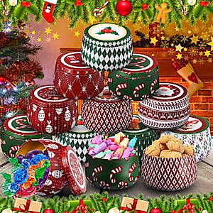 Uiifan 48 Pcs Christmas Candle Tins Cookie Tins Metal Candles Tin Gifts Jars with Lids 8 oz Candy Tinplate Retro Tins Round Containers for Candle Holiday Gift Giving Treat Biscuits Party Favors