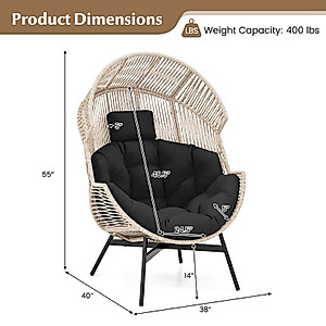 Tangkula Oversized Egg Style Chair, Wicker Stationary Patio Egg Chair w/Cushions & Headrest, Heavy-Duty Metal Frame, Patio Lounge Basket Sofa Chair for Yard, Porch, Living Room