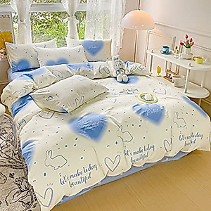 BlueBlue Rabbit Kids Duvet Cover Set Twin, 100% Cotton Bedding for Boys Girls Teens Single Bed, Cartoon Bunny Blue Heart on White, 1 Cute Kawaii Comforter Cover 2 Pillowcase (Twin, Rabbit Blue)