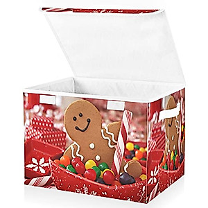 DOMIKING Gingerbread Man Large Storage Bin with Lid Collapsible Shelf Baskets Box with Handles empty gift basket for Nursery Drawer Shelves Cabinet