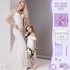 Sieral 9 Pcs Flower Girl Proposal Gifts Set Personalized Flower Girl Tumbler with Straw Bride Gift Box Canvas Bag Sunglasses Hair Ring Diamond Pen Envelope Bride Gift for Wedding(Purple,Retro)