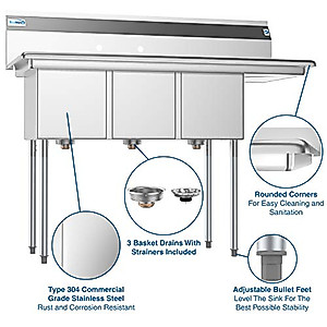 KoolMore - SC121610-12R3 3 Compartment Stainless Steel NSF Commercial Kitchen Sink with Drainboard - Bowl Size 12" x 16" x 10", Silver