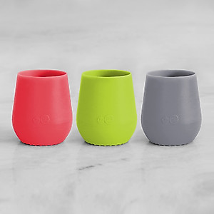 ezpz Tiny Cup 3-Pack (Coral, Lime & Gray) - 100% Silicone Training Cup for Infants - Designed by a Pediatric Feeding Specialist - 4 months+ - Baby-led Weaning Gear & Baby Gift