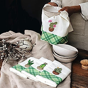 Lavien Home, Kitchen Dish Towels with Cactus Embroidered, Decorative Succulent Flowers Cute Tea Towels Turkish Cotton Waffle Weave 16 x 24 inches (Set of 4)