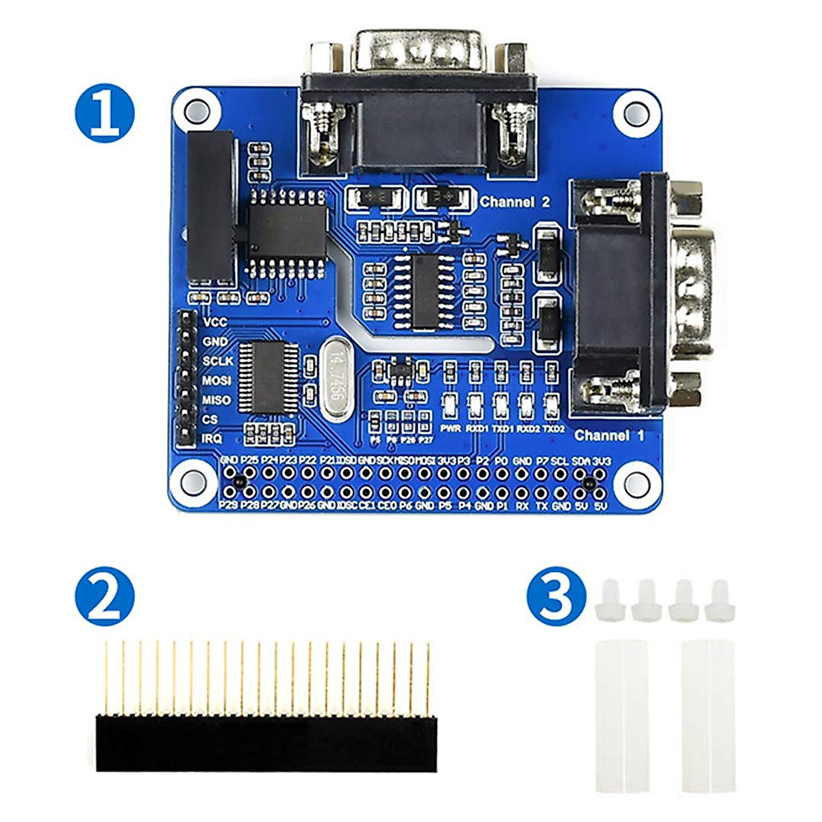 2-Channel Isolated RS232 Expansion HAT for Raspberry Pi 4B/3B+/3B/2B/B+/A+/Zero/Zero W, SC16IS752+SP3232 Dual Chip Convert SPI to RS232 Data Rate up to 921600bps Embed Multi Protection Circuits