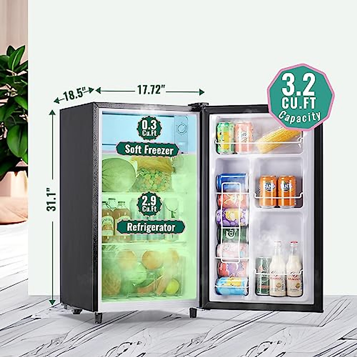 WANAI Compact Refrigerator 3.2 CU.FT Mini Fridge with Freezer Single Door Adjustable Temperature Side Door Wire Rack suit for Dorm Office Apartment BLACK