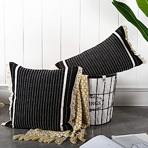 OJIA Modern Throw Pillow Cover with Tassels, Decorative Liana Fringe Accent Cushion Case, Farmhouse Woven Pillowcase for Sofa Chair Couch Bed Decor (Lumbar 18 x 18 Inches, Black)