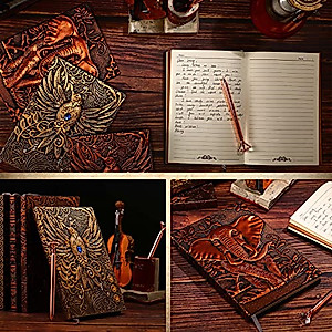 4 Sets Embossed Leather Journal Writing Notebooks with Diamond Pens, Antique Handmade Vintage Travel Diary Daily Sketchbook, 3D Phoenix Elephant Life Tree Pattern A5 Notepad Present for Women Men