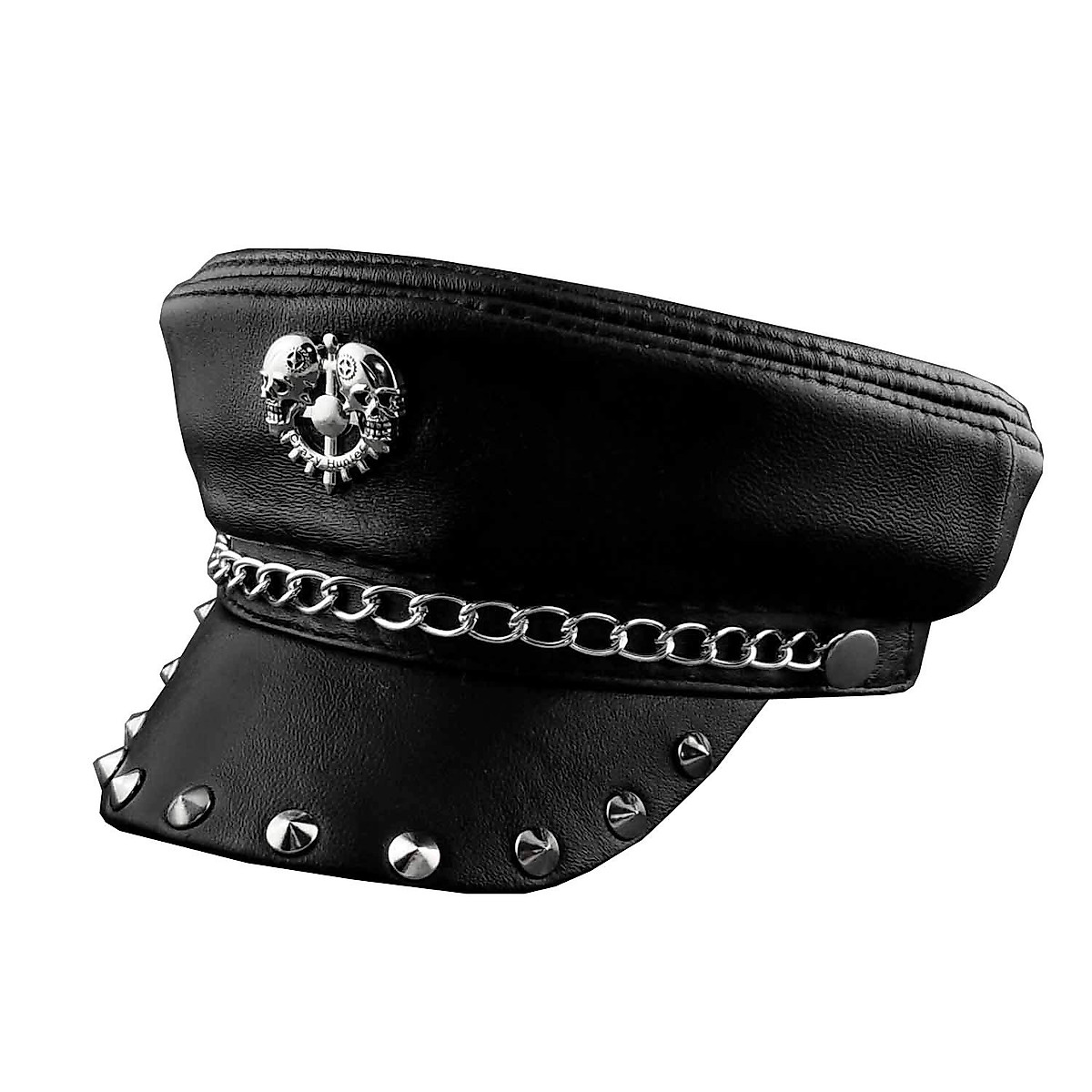 vogueteen New! Métal Rivet clouté crâne Hommes en Cuir véritable Biker Punk Rocker Cap (59cm-60cm) Black