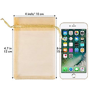 HRX Package 100pcs Gold Organza Gift Bags, 4 x 6 inch Candy Mesh Drawstring Favor Bags Jewelry Pouches for Christmas Wedding Party