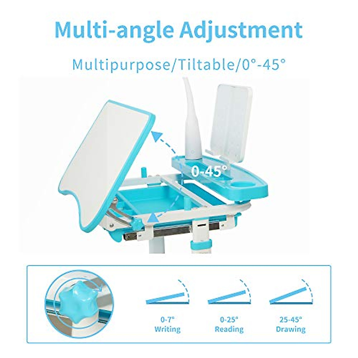 Gowxil Kids Study Desk and Chair Set, Multi Functional Height Adjustable Children School Study Desk with Tilt Desktop, Bookstand, LED Light, Metal Hook and Storage Drawer for Boys Girls, Blue