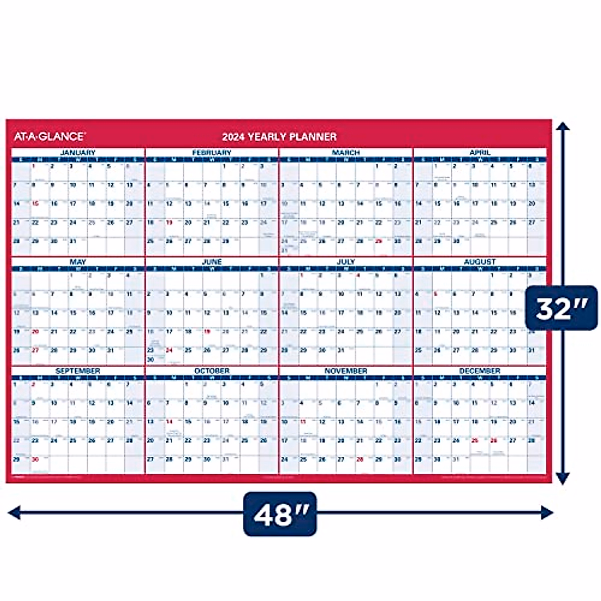 AT-A-GLANCE 2024 Monthly Erasable Calendar, Dry Erase Wall Planner, 48" x 32", Extra Large, Vertical/Horizontal, Reversible (PM3262824)