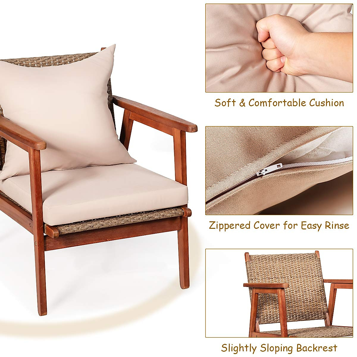 Tangkula 4 PCS Patio Wood Sofa Set, Outdoor Acacia Wood Seating Chat Set with Cushions & Coffee Table, Sectional Conversation Sofa Set for Garden, Backyard, Poolside (1, Brown)