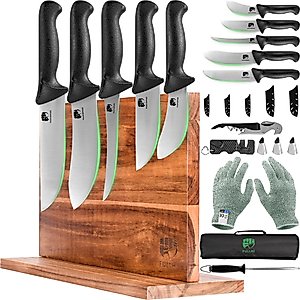 FULLHI 11PCS Butcher Knife Set with Magnetic Knife Block Holder, Non-slip butcher boning knife German Stainless Steel Chef Knife Set,Meat Processing Set for Home Kitchen,Slaughterhouse And Restaurant