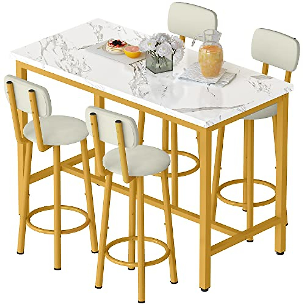 AWQM Faux Marble Dining Table with 4 PU Upholstered Chairs, 5-Piece Breakfast Table Bar Table and Backrest Chairs with Footrest, Kitchen & Dining Room Set for 4, Space Saving Furniture (White & Gold)