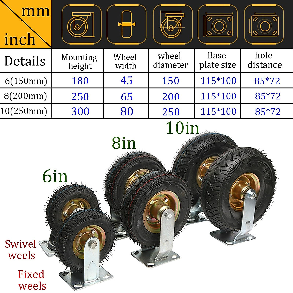 Swivel Caster Wheel Heavy Duty Caster Solid Rubber Wheel, with Tyre Veins Highly-Elastic Moving Silent, for Trolley, Carts, Furniture, Dolly, Replacement Casters