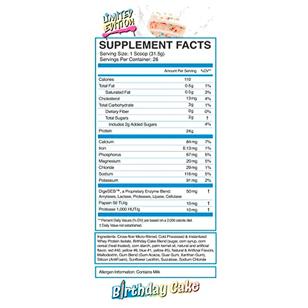 eFlow Nutrition 100% Whey Protein Isolate - Lactose-Free Digestive Enzymes Added, Low Carb, Post Workout Shake, Fast Digesting for Optimal Muscle Recovery - Birthday Cake (26 Servings)