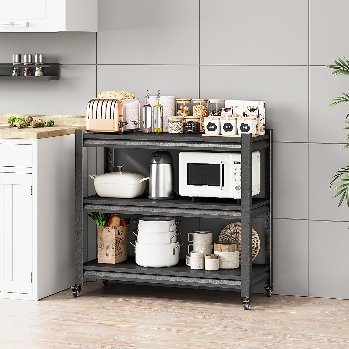 Topass Storage Shelves, Bakers Rack with Wheels, 3-Tier Metal Shelving Unit with Wheels for Kitchen Garage Office, Kitchen Stand with Adjustable Rack (18" D x 34" W x 32" H)