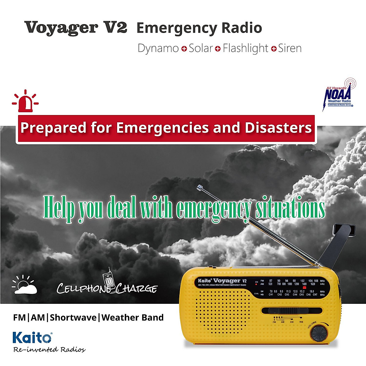 Kaito Best NOAA and SW Portable Solar/Hand Crank AM/FM, Shortwave & NOAA Weather Emergency Radio with USB Cell Phone Charger & LED Flashlight (Yellow)