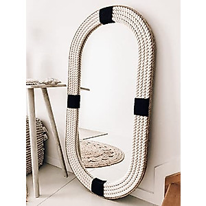Oval Large | 30in x 18in | Oval Navy Nautical Hampton Coastal Rope Mirror Twisted Rope Home Decor Wall Hanging Mirror (White and BLACK30*18IN)