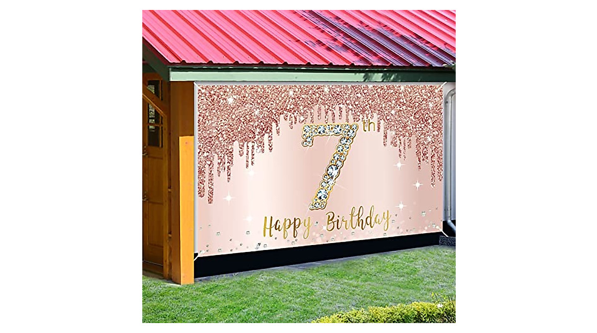 Happy 7th Birthday Banner Backdrop - Pink Rose Gold Party Decor